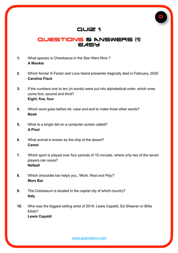 ‘Pub Quiz’ - General Knowledge and Picture Round (Celebrities ‘inside ...