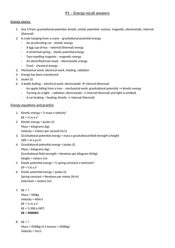 AQA Physics GCSE P1 - Energy recall and practice Qs | Teaching Resources