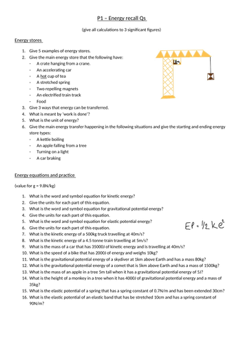 AQA Physics GCSE P1 - Energy recall and practice Qs | Teaching Resources