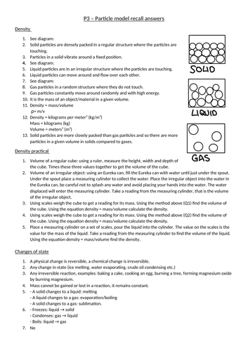 Aqa Physics Gcse P3 Particle Model Recall And Practice Qs Teaching