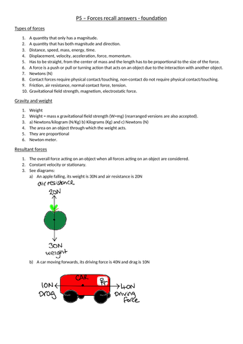 AQA Physics GCSE P5 - Forces recall and practices Qs | Teaching Resources