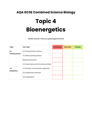 Topic 4 Bioenergetics model answer revision notes AQA GCSE Biology ...