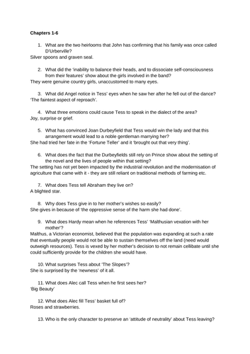 'Tess of the D'Urbervilles' Tracking Questions | Teaching Resources
