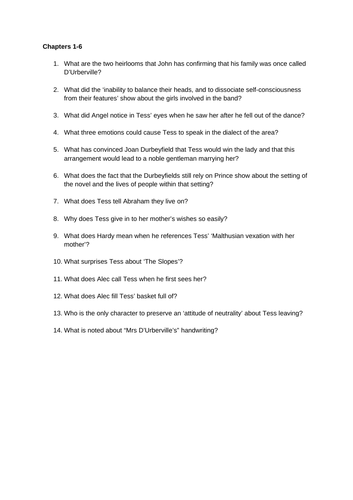 'Tess of the D'Urbervilles' Tracking Questions | Teaching Resources