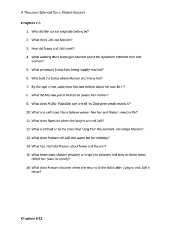 'A Thousand Splendid Suns' Tracking Questions | Teaching Resources