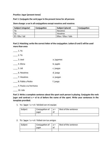 Jugar worksheet present tense | Teaching Resources