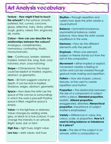 Art vocabulary sheet Formal elements and Principles | Teaching Resources