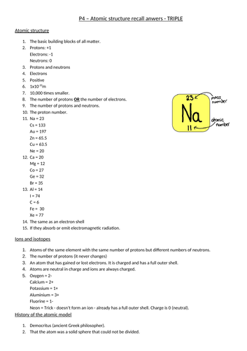 Aqa Physics Gcse P4 Triple Atomic Structure Recall And Practice Qs