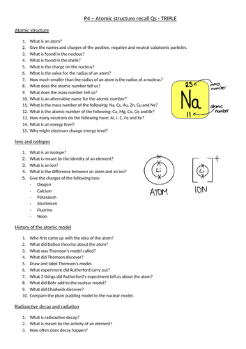 Aqa Physics Gcse P4 Triple Atomic Structure Recall And Practice Qs