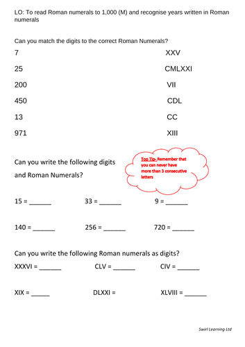 Year 5 Roman Numerals Intro/LA Worksheet | Teaching Resources