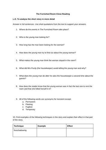 The Furnished Room CIE Literature in English | Teaching Resources