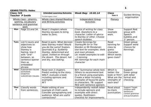 Back to School Holes Louis Sacher Teaching Plans 5 Weeks Literacy Year ...