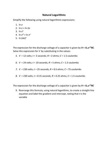 BTec Engineering -Natural Logarithms (PowerPoint + Worksheet ...