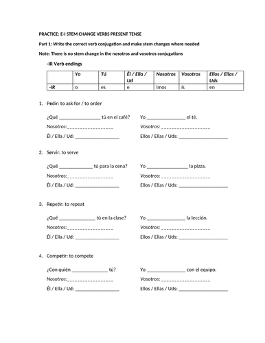 E-I stem change verbs practice present tense | Teaching Resources