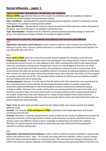 A level psychology AQA Social Influence - paper 1 | Teaching Resources