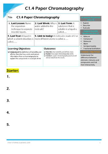 KS4 GCSE C1.4 Paper Chromatography (2022) S.T.A.R. | Teaching Resources
