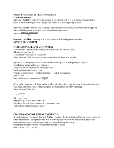 physics lesson notes on linear momentum | Teaching Resources