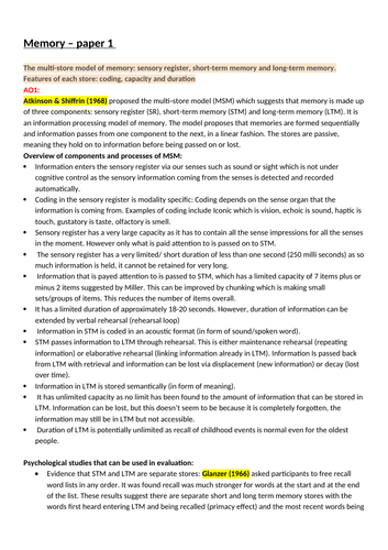 A level psychology AQA memory | Teaching Resources