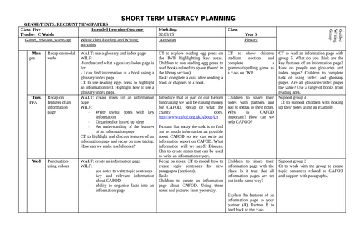 Short Term Literacy Lesson Plans Year 5 Autumn Spring Summer Terms ...