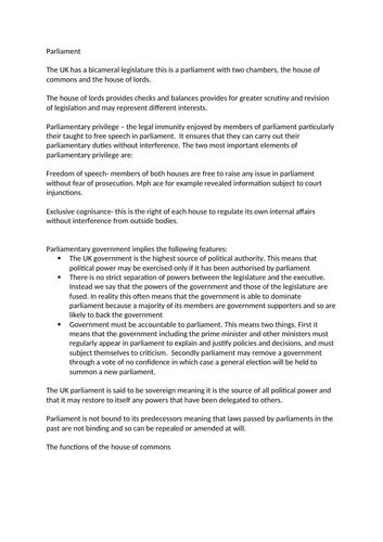 Parliament Government and Politics A Level Edexcel A* notes and essay ...