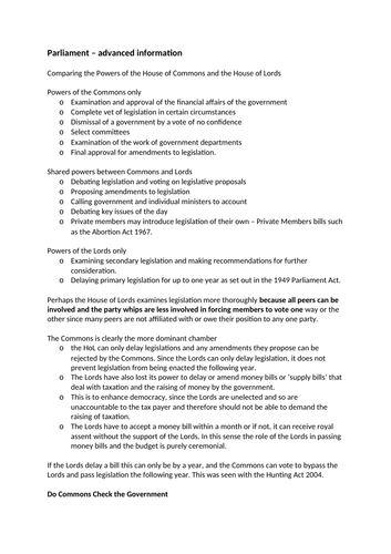 Parliament Government and Politics A Level Edexcel A* notes and essay ...