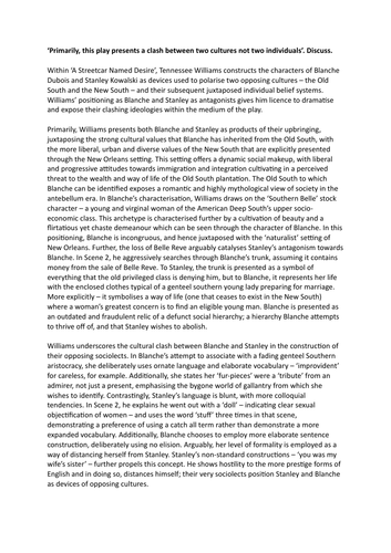 A Streetcar Named Desire: Clash of cultures Essay (A Level English ...