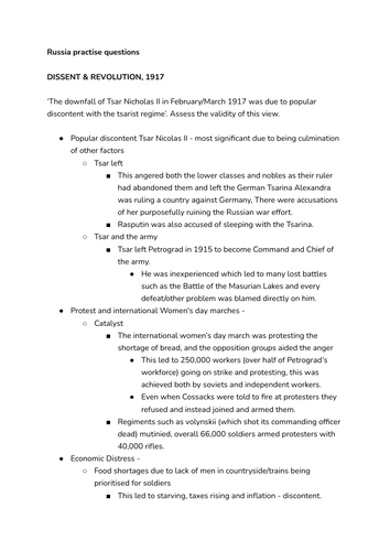 AQA A Level Russia Practise Question Answers | Teaching Resources
