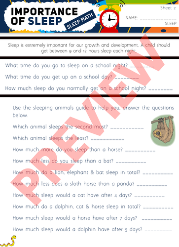 Sleep Hygiene - Sleep Math Worksheets | Teaching Resources
