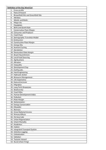 Definition a Day Revision - Geography AQA GCSE (9-1) | Teaching Resources