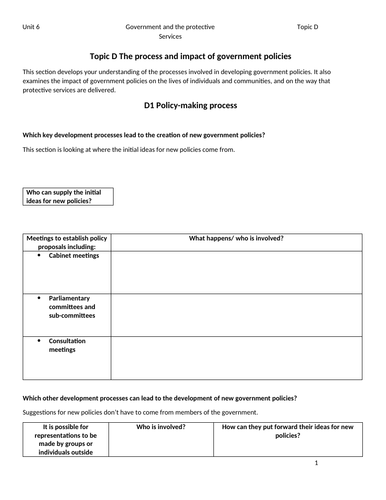 Unit 6 Government and the Protective Services Level 3 | Teaching Resources