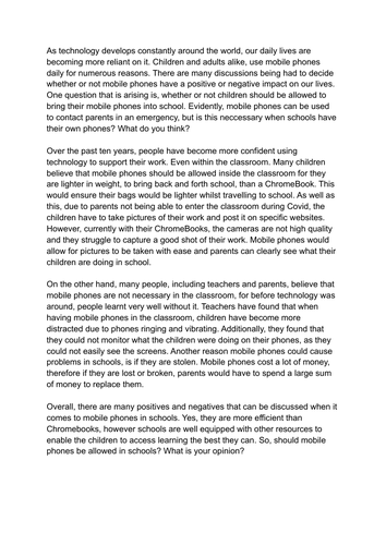 Should mobile phones be allowed in schools balanced argument WAGOLL ...