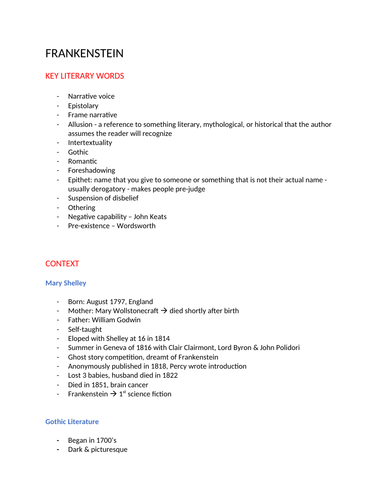 FRANKENSTEIN A LEVEL ENGLISH COMPLETE REVISION DOCUMENT | Teaching ...