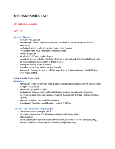 THE HANDMAIDS TALE ENGLISH LITERATURE A LEVEL REVISION | Teaching Resources