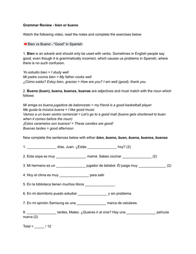 Bien vs bueno - explanation and practice | Teaching Resources