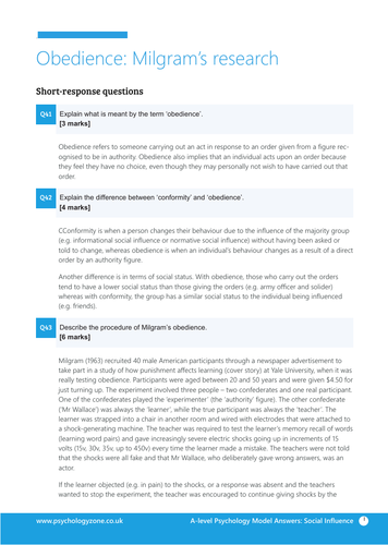 AQA A Level Psychology Exam Notes and Model Answers: Obedience (Milgram ...