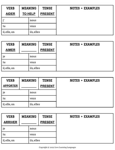French ER Verbs Conjugation Practice Charts - Present Tense | Teaching ...