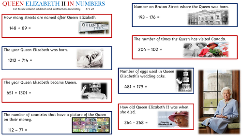 Queen Elizabeth II in Numbers - add and subtract activity | Teaching ...
