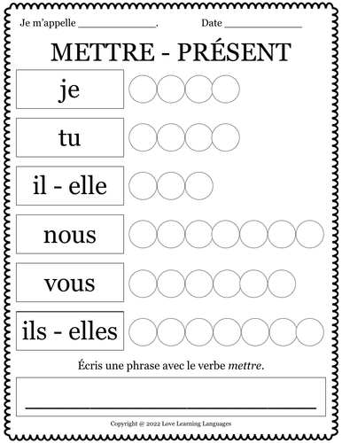 Mettre - Irregular French Verb - Present Tense Conjugation Worksheet ...