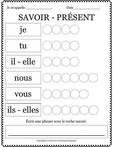 Savoir - Irregular French Verb - Present Tense Conjugation Worksheet ...