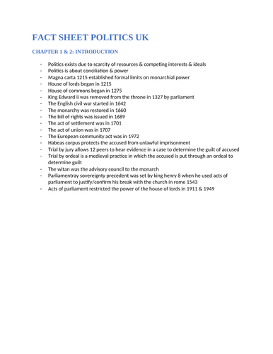UK GOVERNMENT & POLITICS A LEVEL COMPLETE FACT SHEET | Teaching Resources
