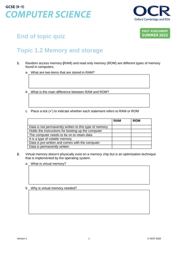 J277 OCR 1.2 Memory and Storage end of unit test with answers ...