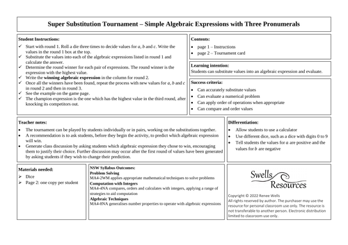 Substitution Activity Simple Algebra with Three Pronumerals | Teaching ...