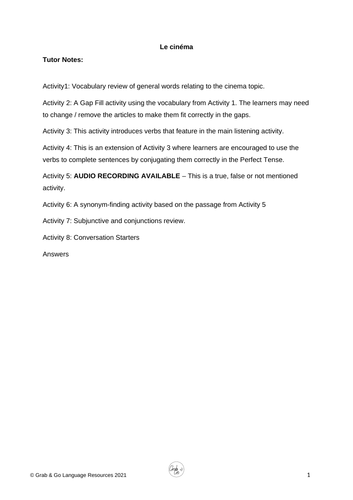 Le Cinéma A Level/GCSE French Listening worksheet with Audio | Teaching ...