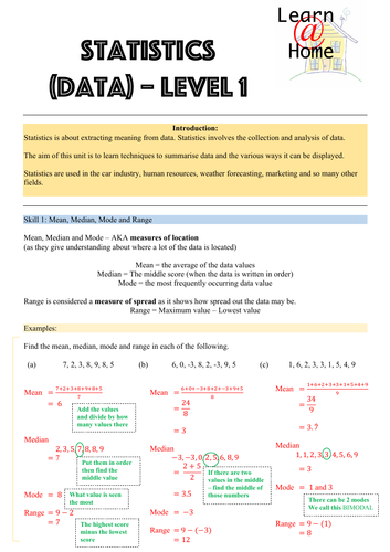 Statistics (Data) - Level 1 - Learn at home | Teaching Resources
