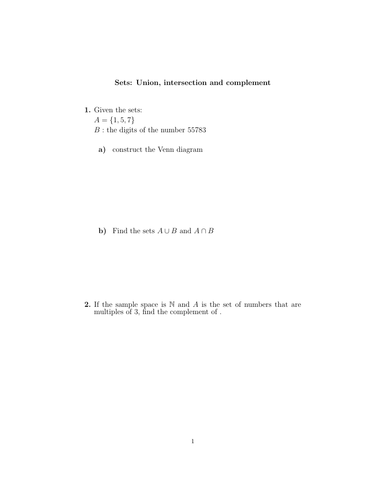 Sets: Union, intersection and complement worksheet (with solutions) | Teaching Resources