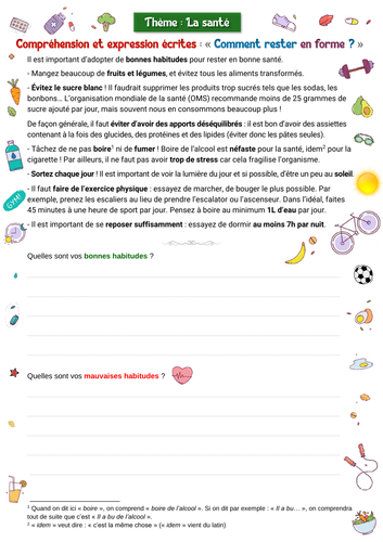 [French text + Writing] Santé – Comment rester en forme ? – Bonnes et ...