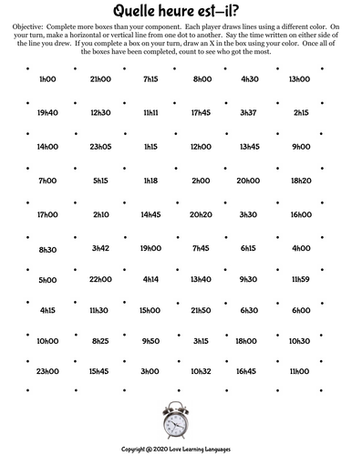 French Dots and Boxes Game - 24 Hour Clock - Quelle heure est-il ...