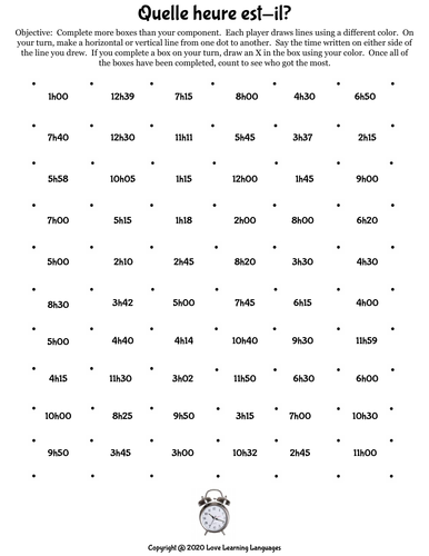 French Dots and Boxes Game - 12 Hour Clock - Quelle heure est-il ...