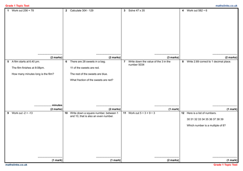 Grade 1 GCSE Maths Topic Test/Worksheet | Teaching Resources
