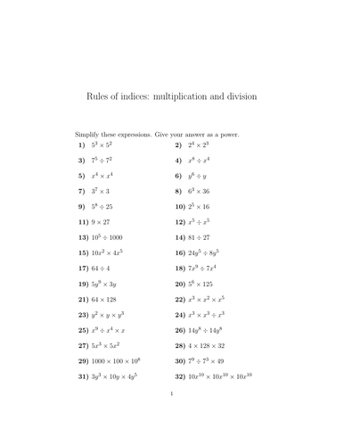 Rules of indices: multiplication and division worksheet no 3 (with ...